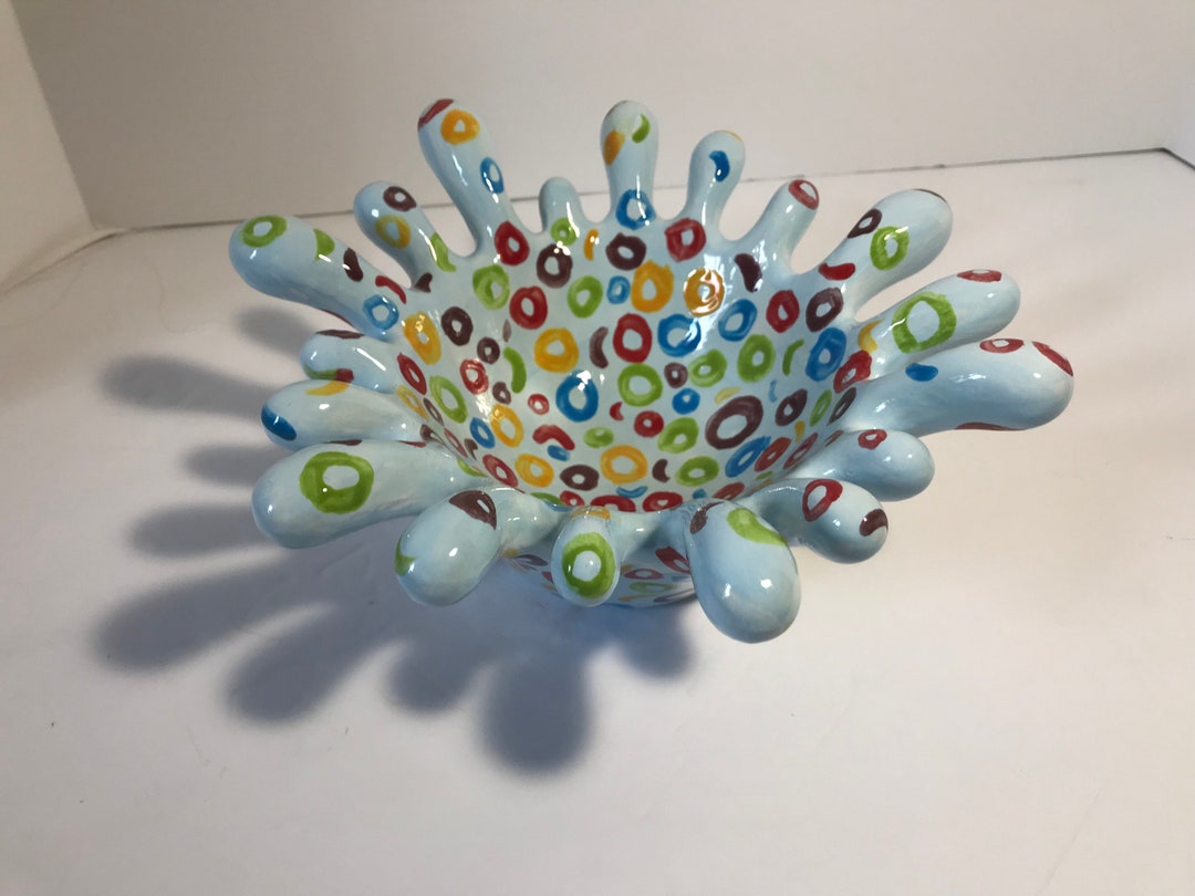 Hand Painted Fruit Loopy Splash Ceramic Bowl, Modern Blue Splash Bowl ...