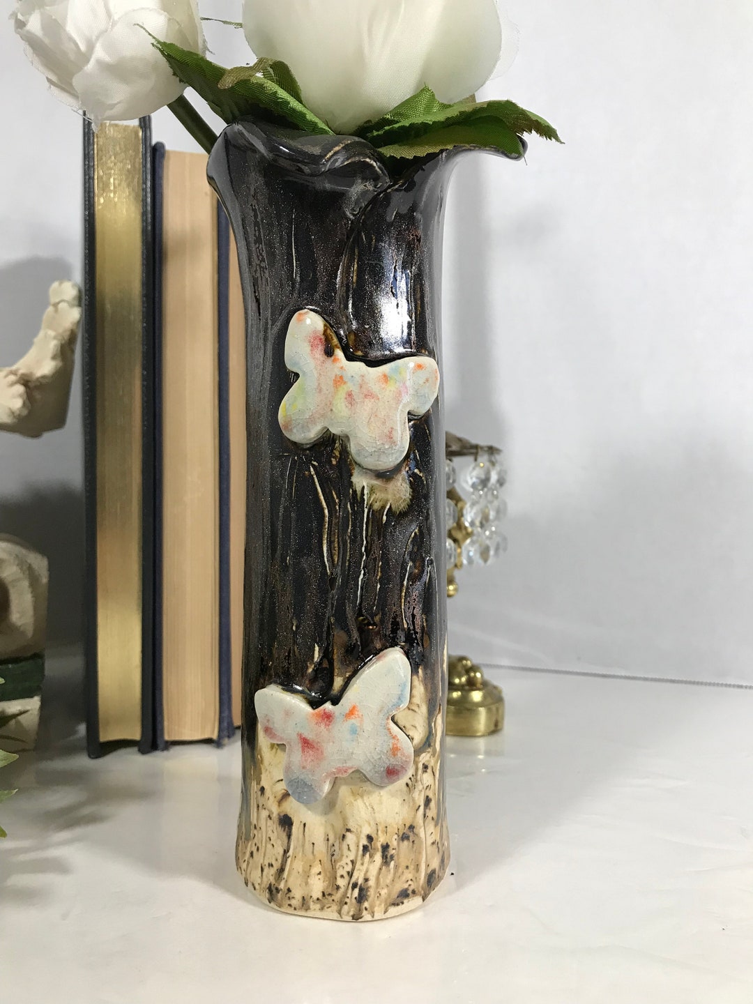 Vintage Butterfly Art Pottery Vase, Signed, Vintage Glazed Brown and ...