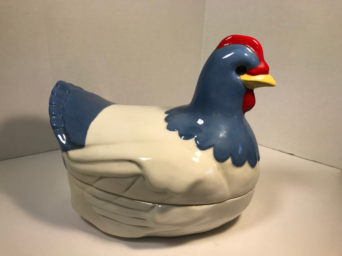 Vintage White Ceramic Rooster Cookie Biscuit Jar With Blue | Etsy