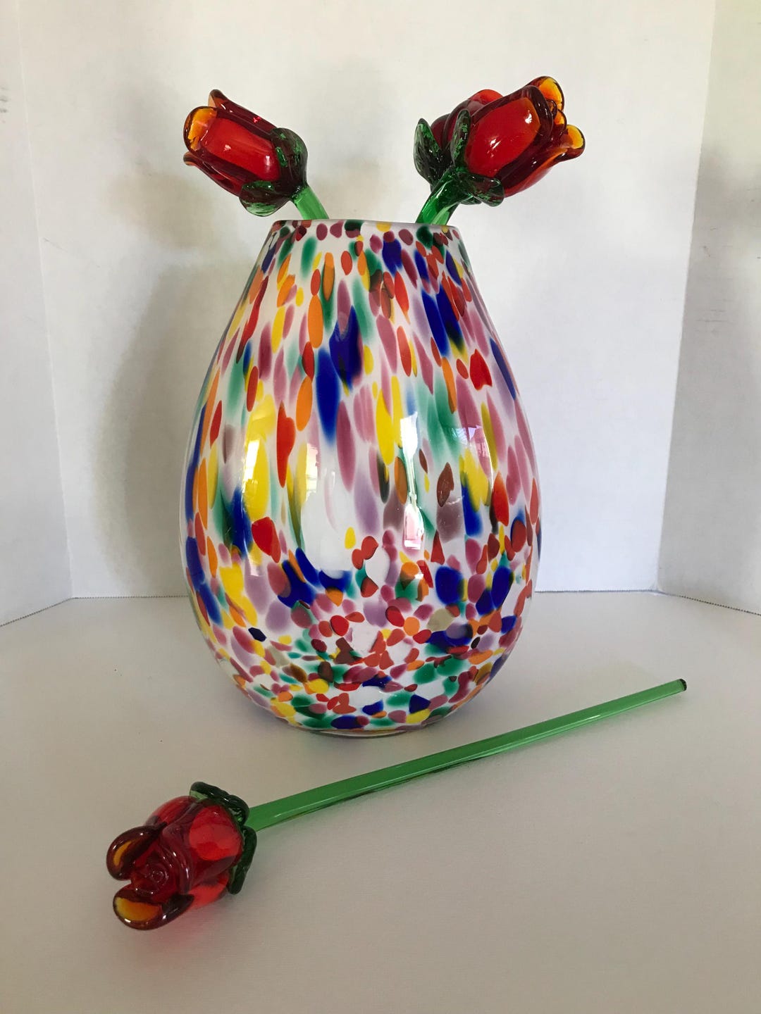 Vintage Long Stem Glass Red Rose, Vintage Red Glass Rose With Green ...