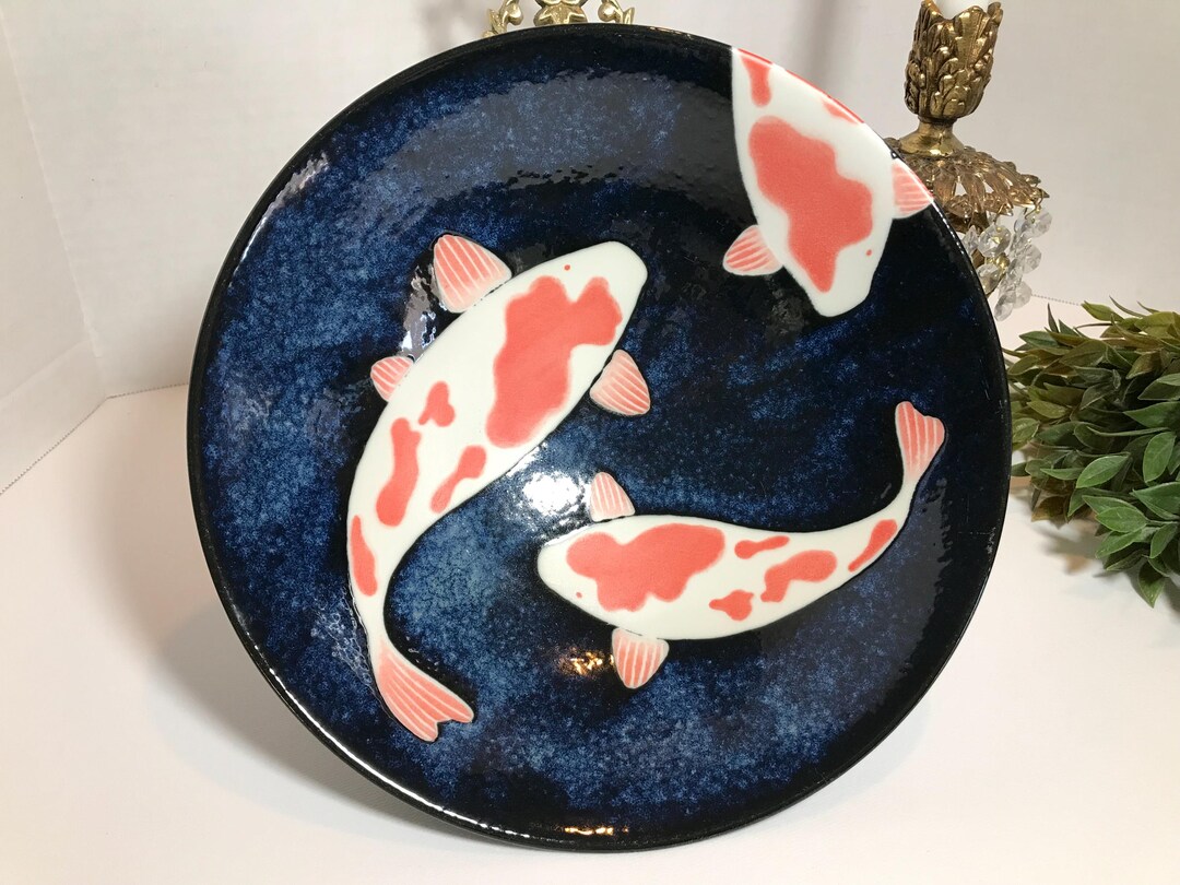 Japanese Pottery Large Blue Koi Fish Design Serving Bowl, Japanese ...