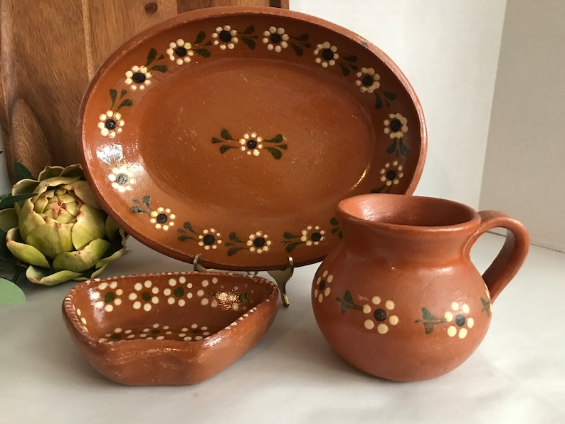 Vintage Mexican Hand Painted Ceramic Serving Dish Set, Vtg Terracotta ...