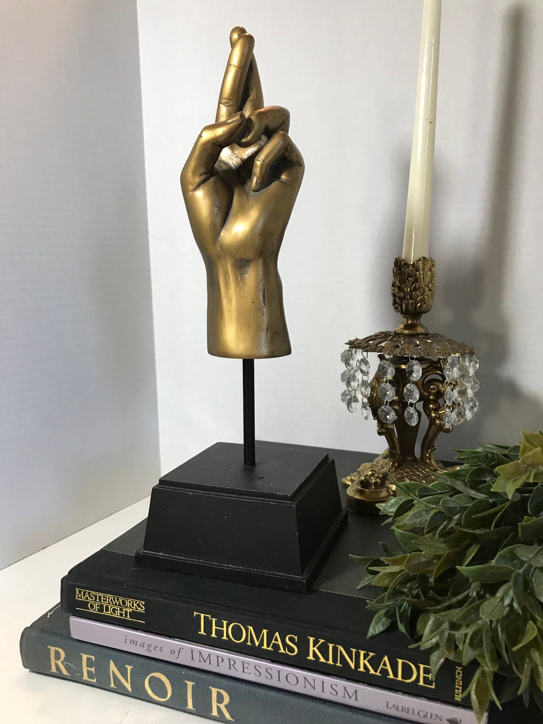 Vintage Gold Hand Sculpture, Crossed Fingers Hand Statue on Black Base ...