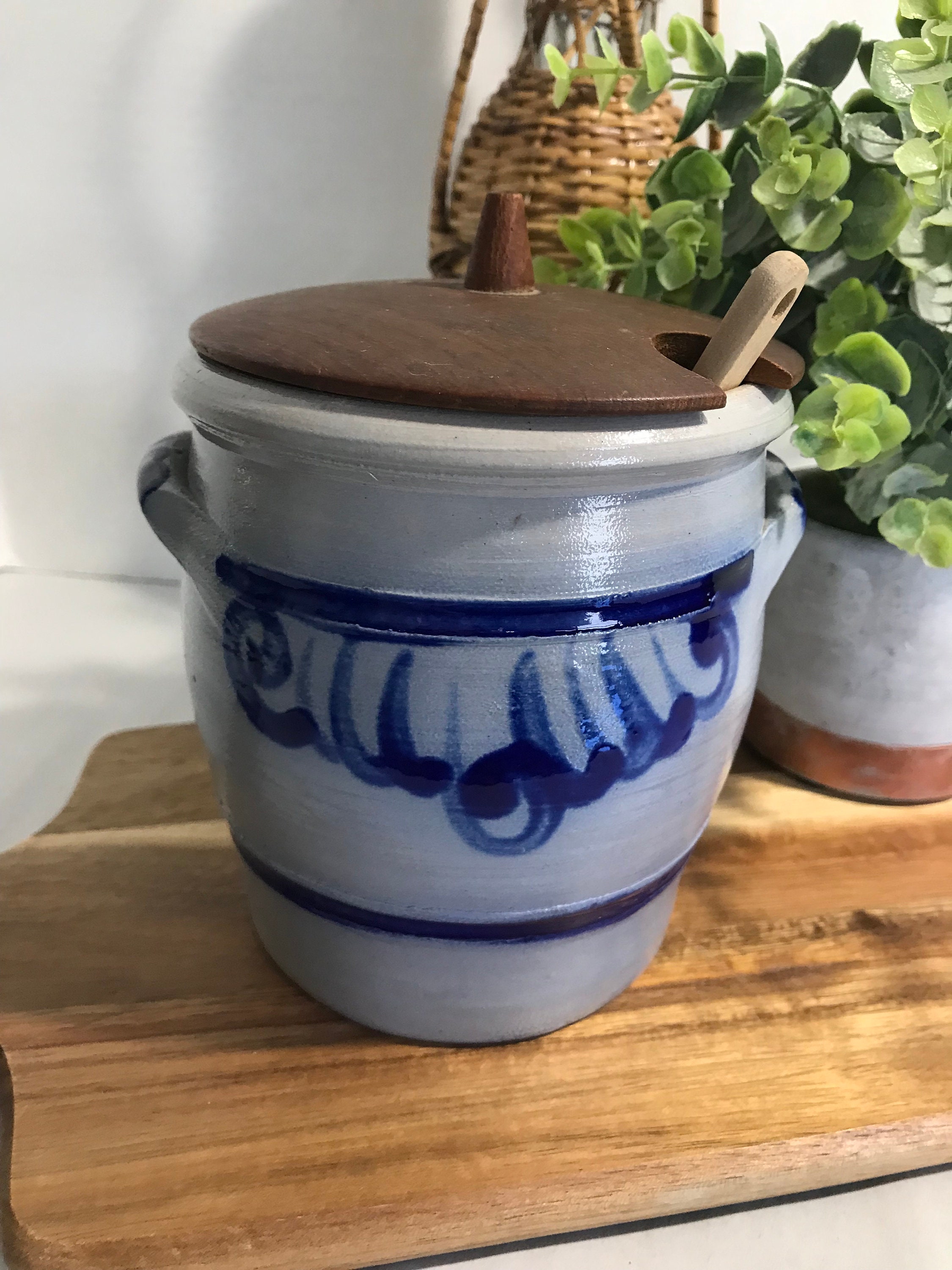 Vintage Stoneware Salt Glaze Pottery Crock With Wood Lid and | Etsy