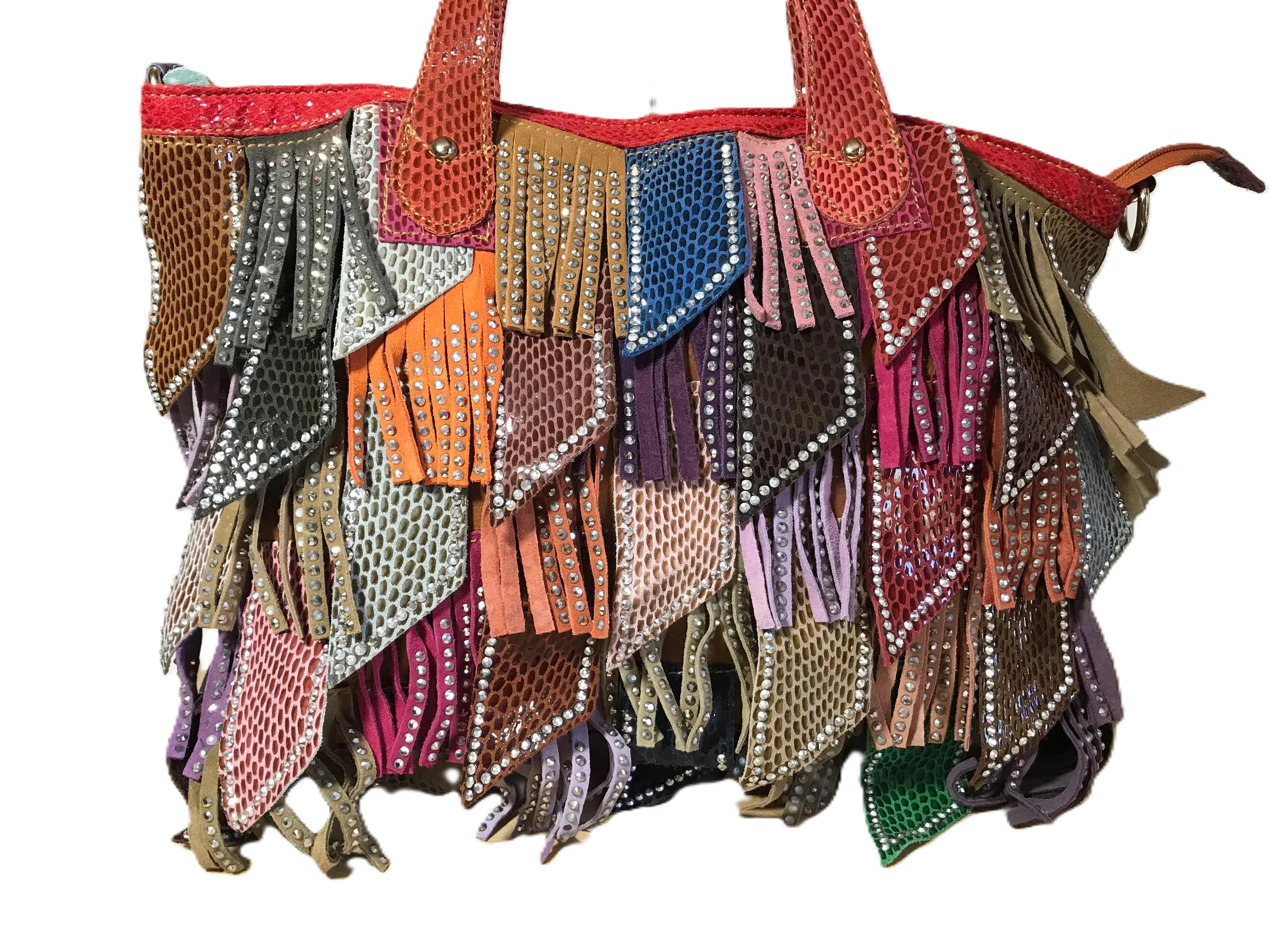 Vintage Colorful Pieced Leather Purse, Unique Vibrant Fringed Leather ...