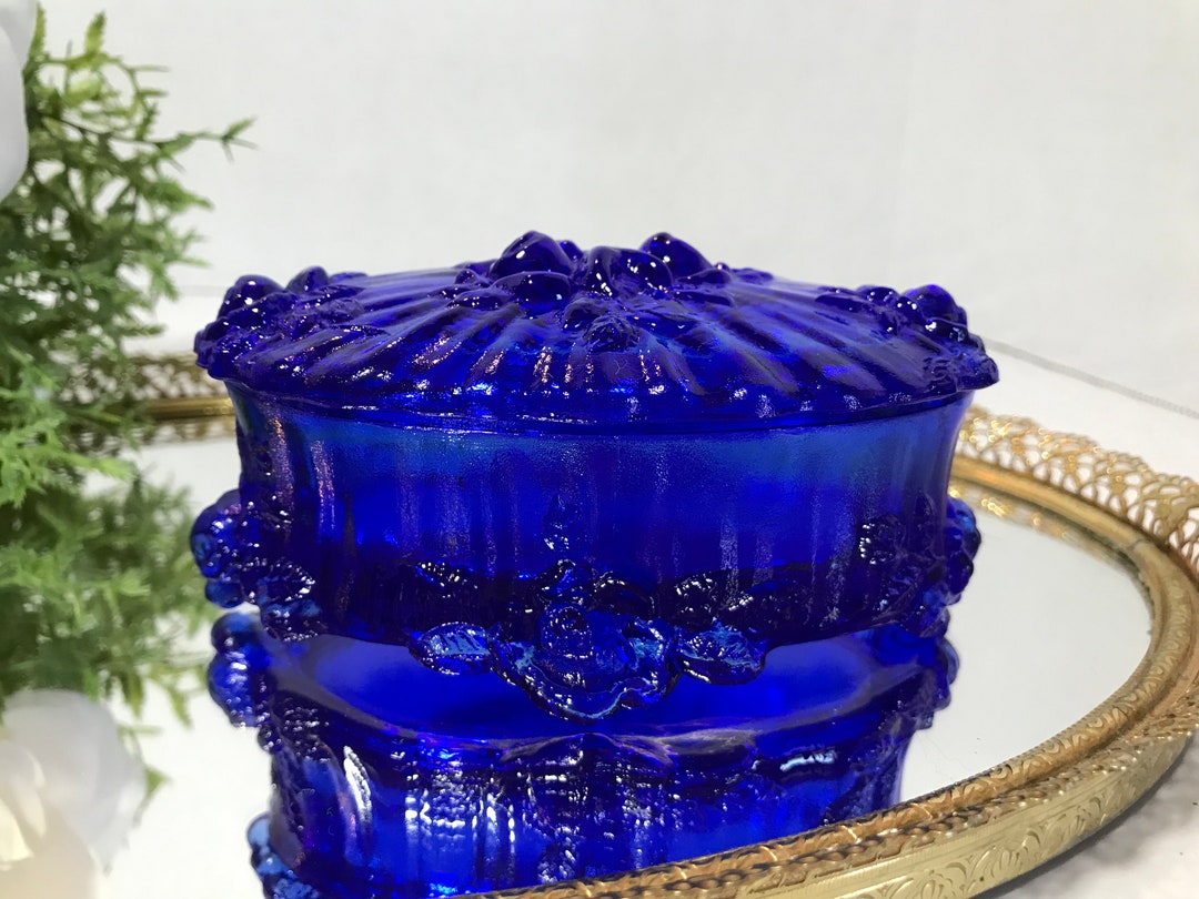 Vintage Fenton Blue Glass Trinket Box, Fenton Blue Cabbage Rose Dresser ...