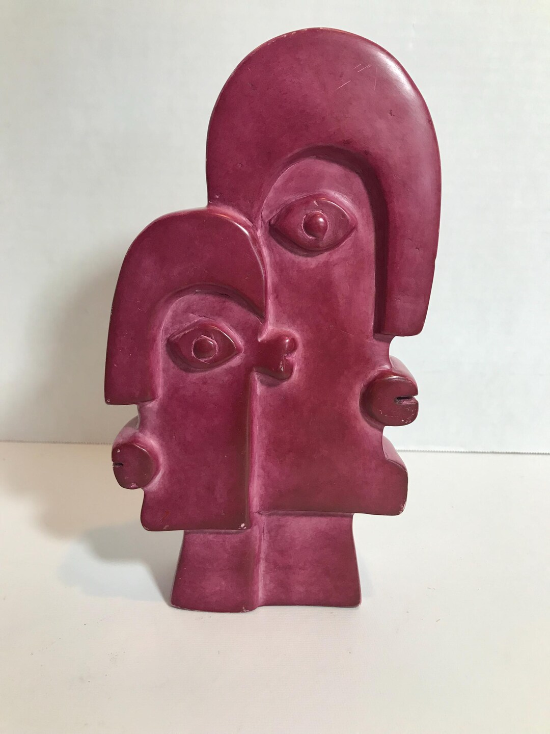Vintage Red Carved Stone Picasso Style Statue, Modernist Two Face Stone ...