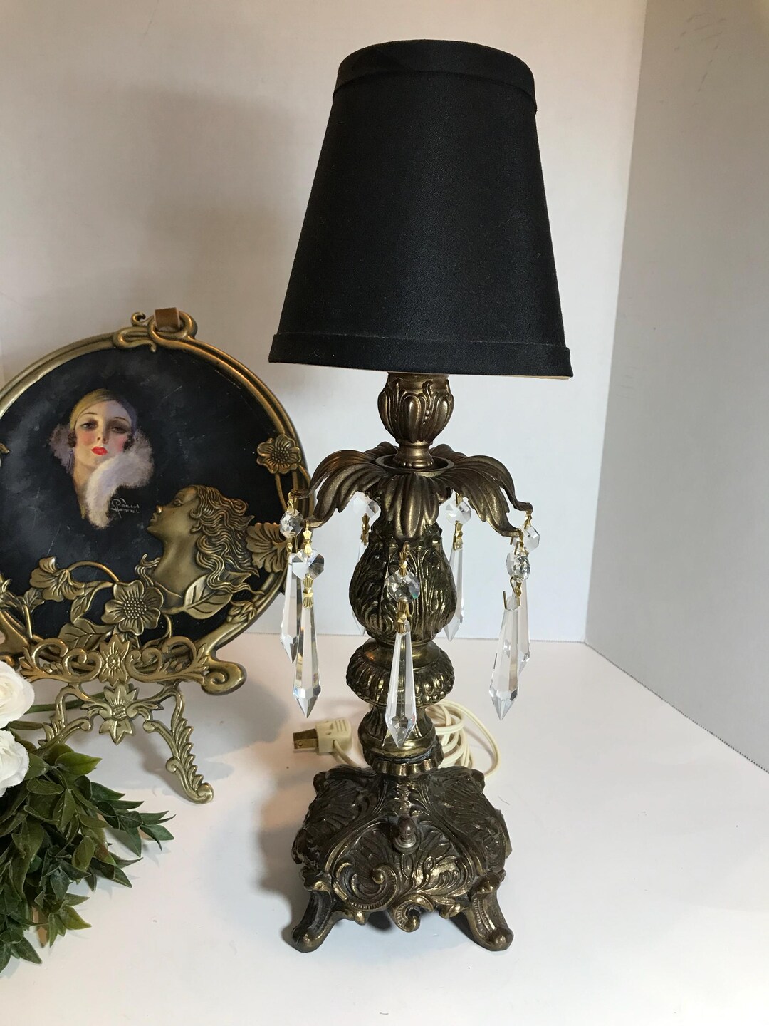 Vintage Ornate Gold Metal and Crystal Bedside Nightlight, Vtg Elegant ...