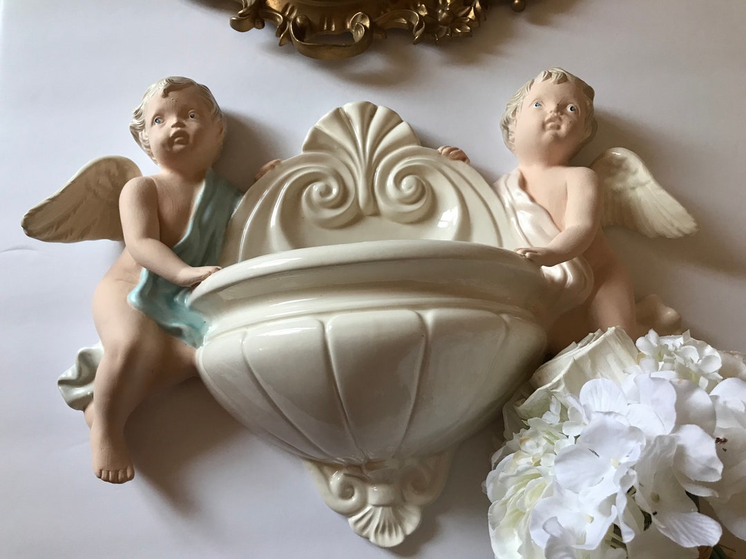 Vintage Cherub Wall Planter, Hand Painted Chalkware Wall Pocket ...