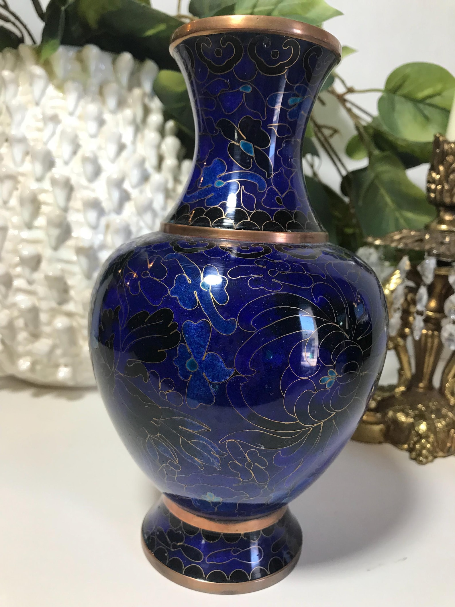 Vintage Blue Brass Cloisonné Vase, Vintage Chinoiserie Style Deep Blue ...