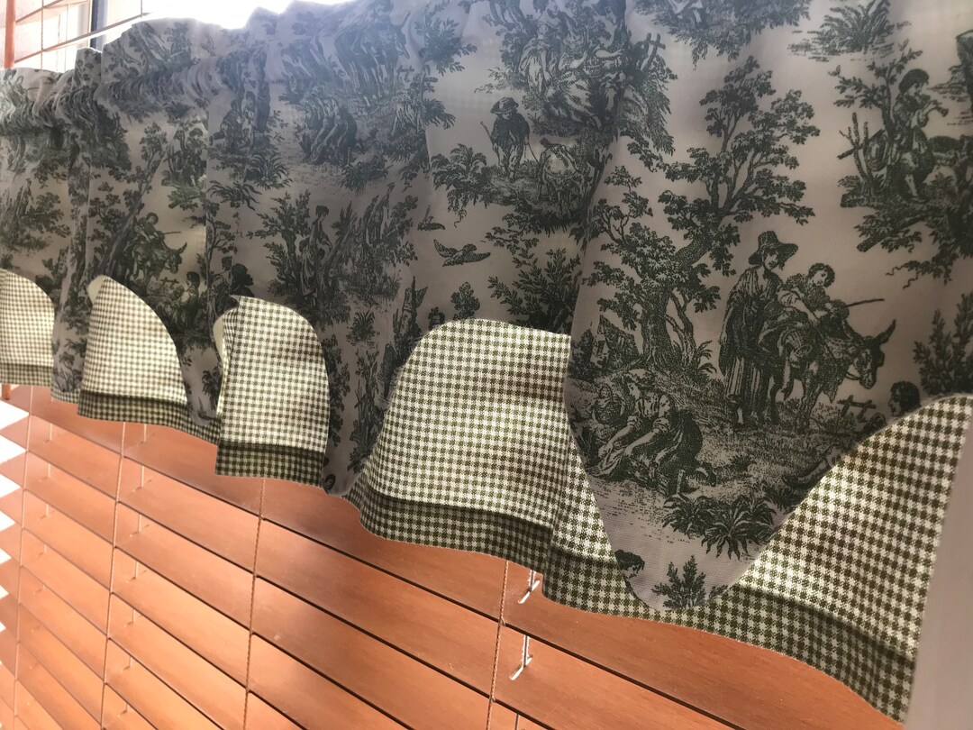 Vintage Cafe Curtains, Handmade Green White Toile Curtain Panel 13.5x52 ...