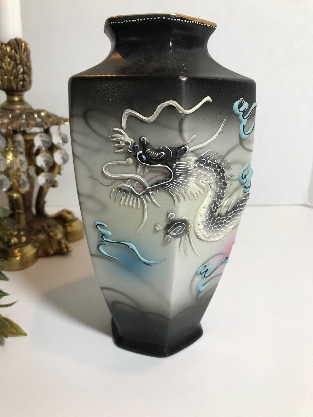 Vintage Japanese Dragonware Vase, Vtg Japan Dragon Ware Black Porcelain ...