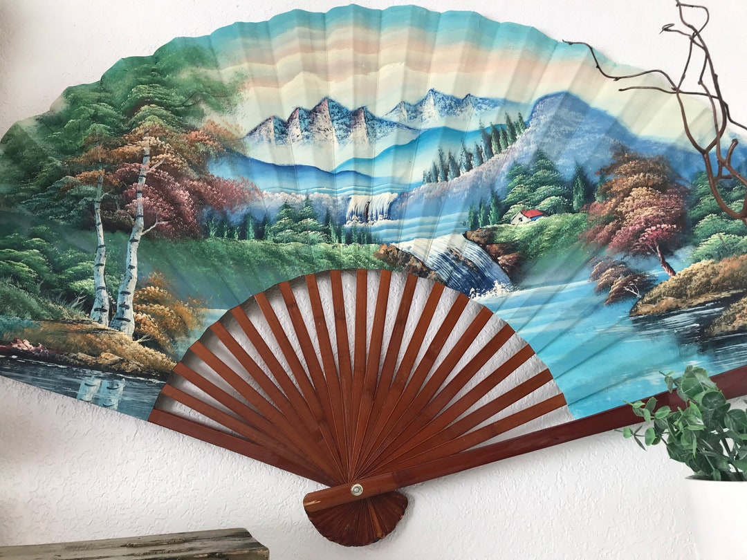 Vintage Handpainted Fan, Large Vintage Asian Fan Wall Decor ...
