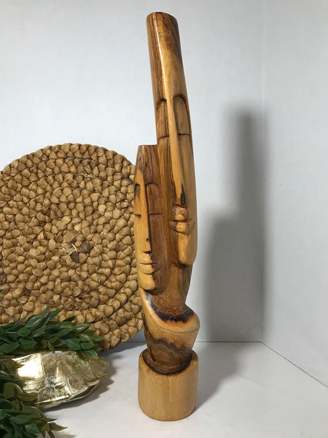 Hand Carved Wood Faces Statue, Modern Style Wooden Hand Carved Dual ...