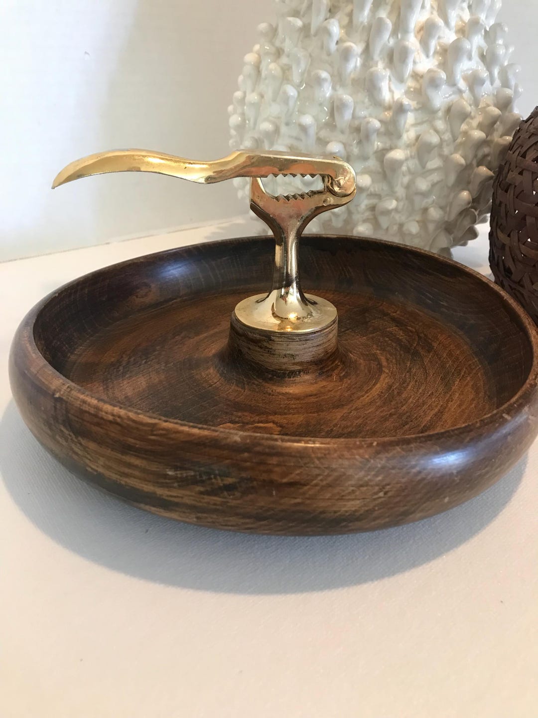 Vintage MCM Wooden Nut Dish With Center Nutcracker, Vintage Wooden Bowl ...