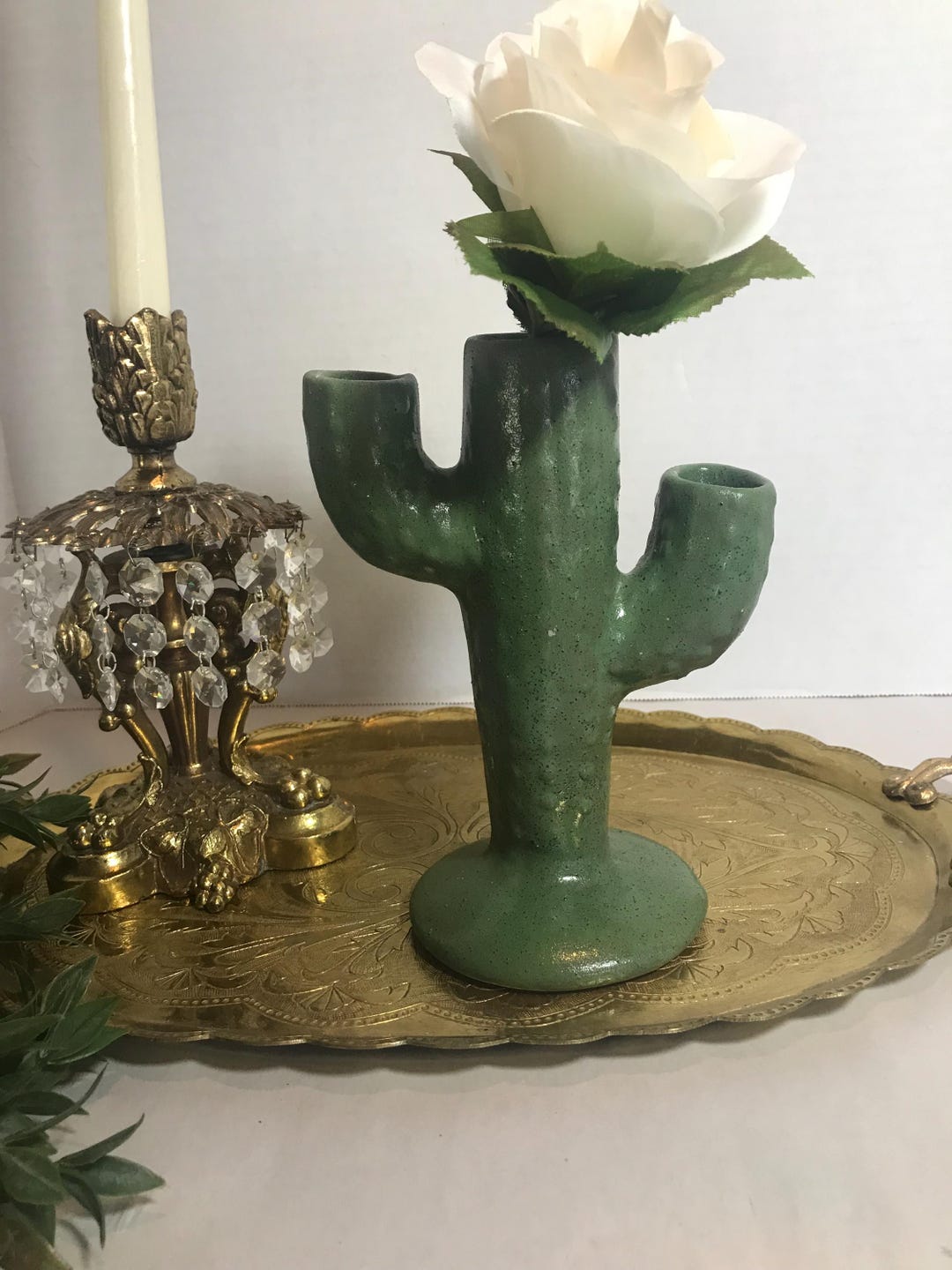 Vintage Green Ceramic Cactus Vase, Vintage Textured Green Ceramic Cactus Small Vase, Whimsical ...