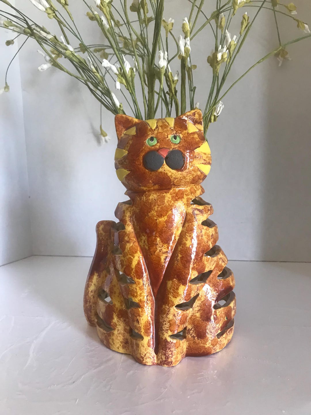 Vintage Brown and Yellow Ceramic Cat Statue Figurine, Artsy Open Sides ...