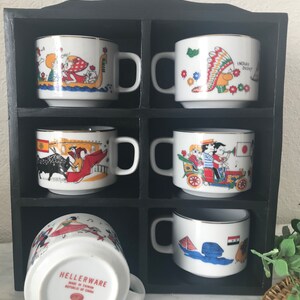 Vintage Hellerware Flags of the World Coffee Cup Set With Wood Case ...