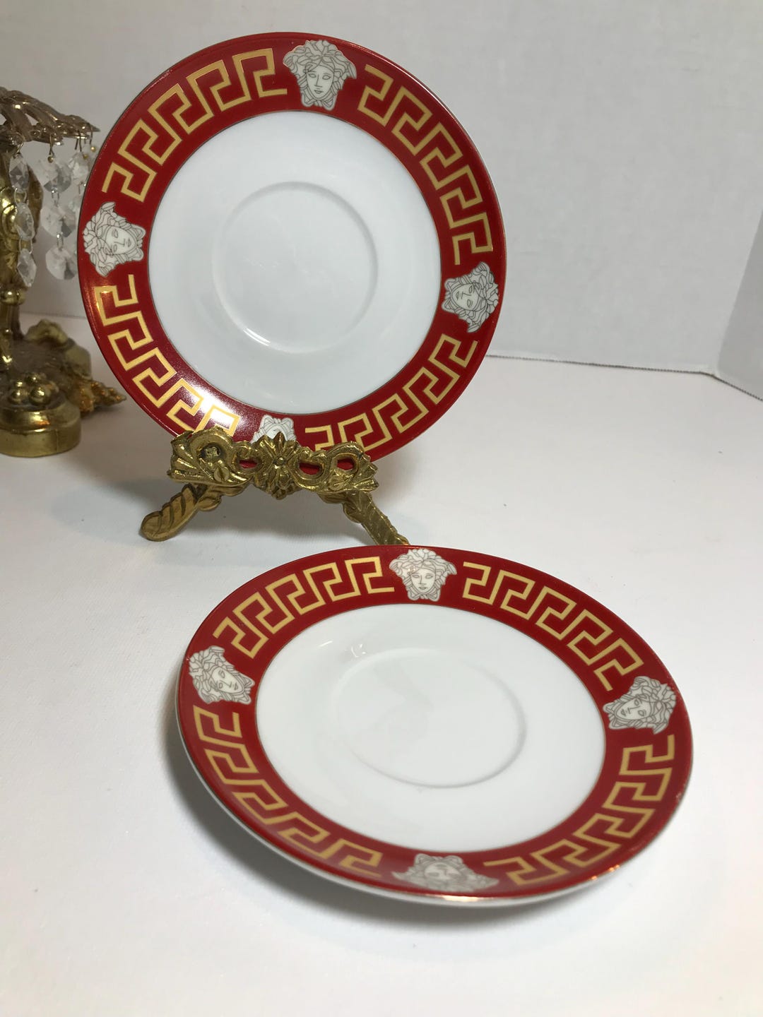 Vintage Porcelain Red Greek Key and Medusa Saucer, Vintage ...