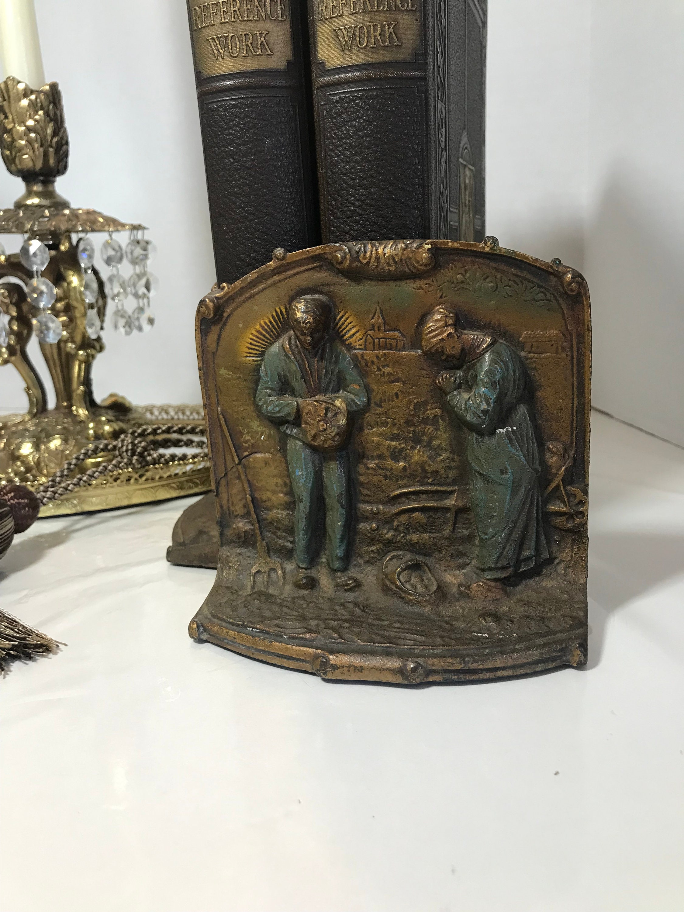 Antique Bronze Bookends, Antique Relief Design Bronze Bookends, Vintage ...