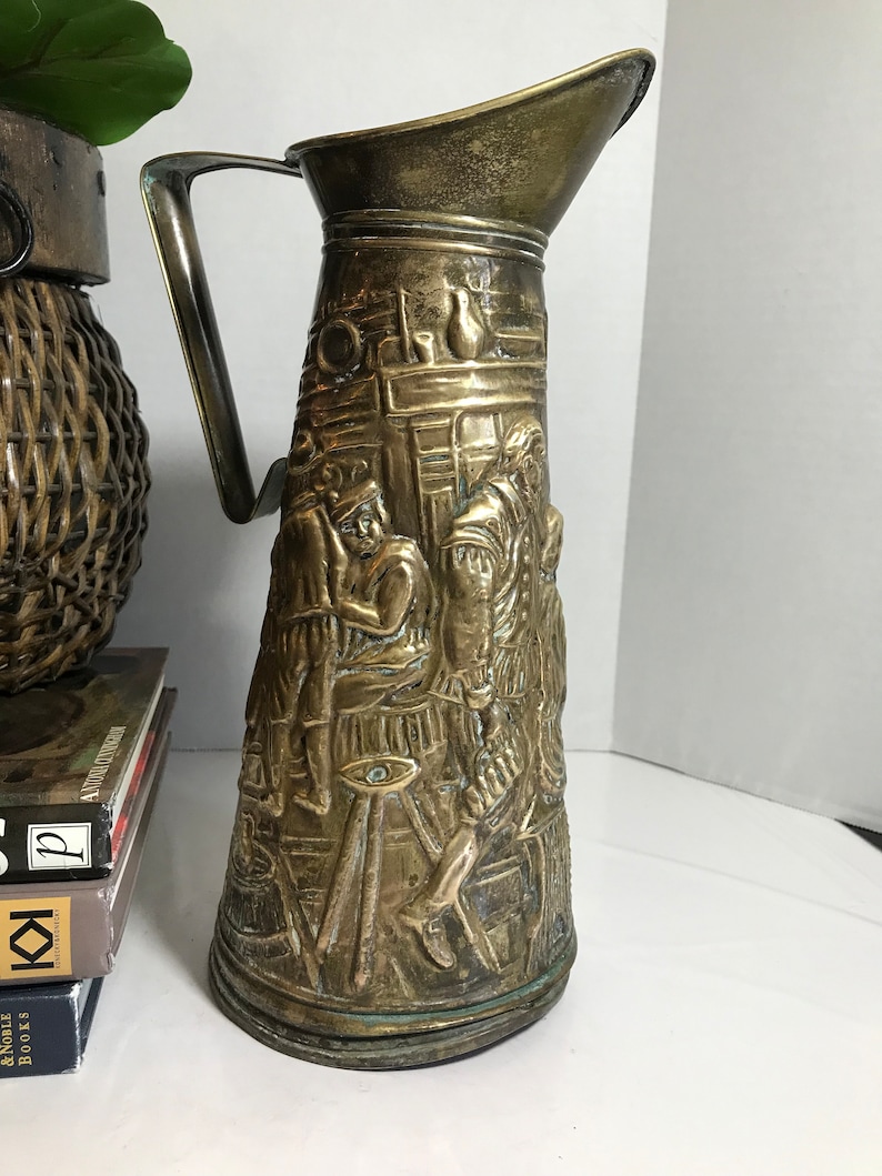 Vintage Brass Pitcher, Vintage Brass Relief Style Design Ornate Vase ...