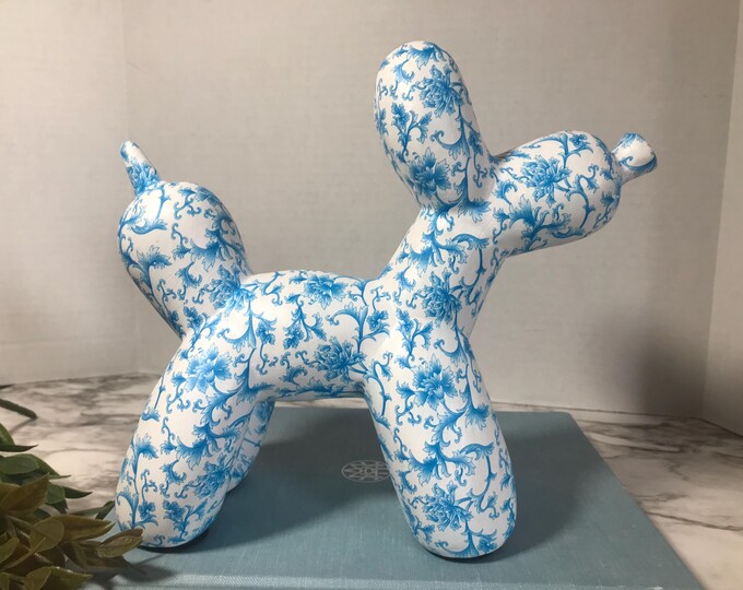 Modern Floral Blue and White Balloon Dog Statue, Artsy White and Blue ...