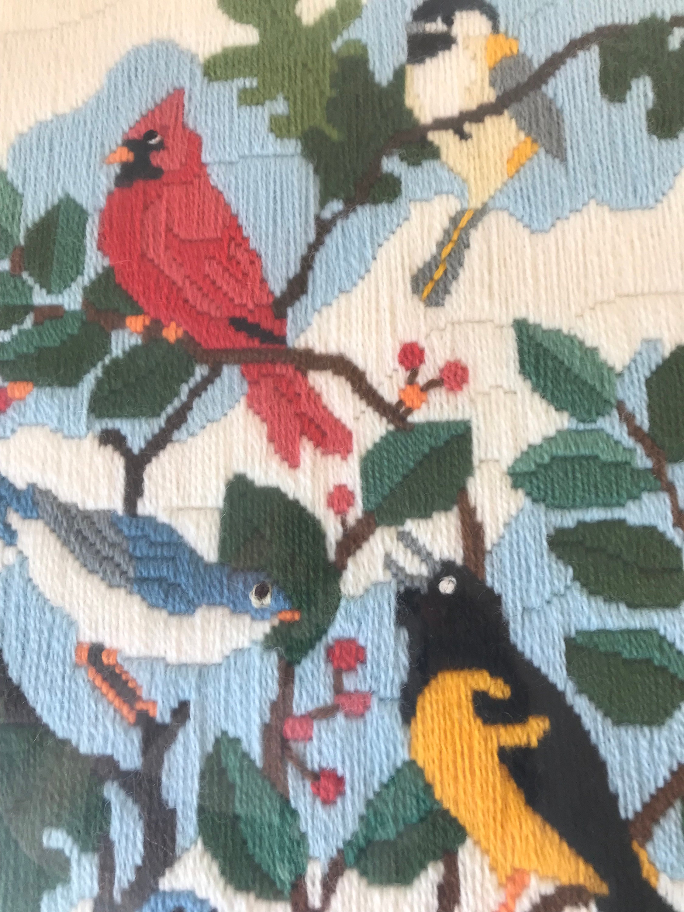 Vintage Crewel Art Four Birds on a Branch, Vintage Framed Bird Floral 3 ...