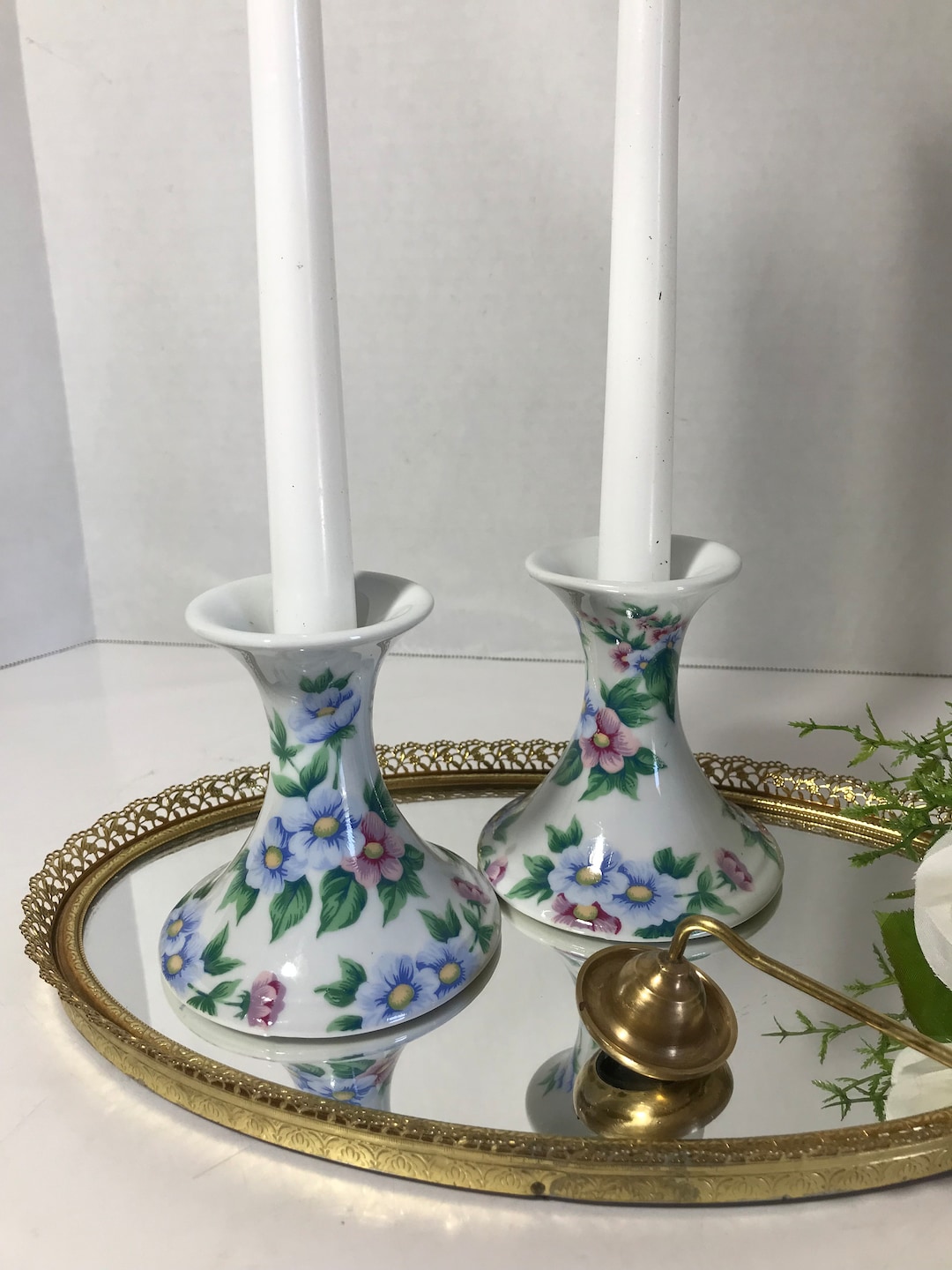 Vintage Porcelain Floral Candle Holders, Vintage Ceramic Floral Print ...