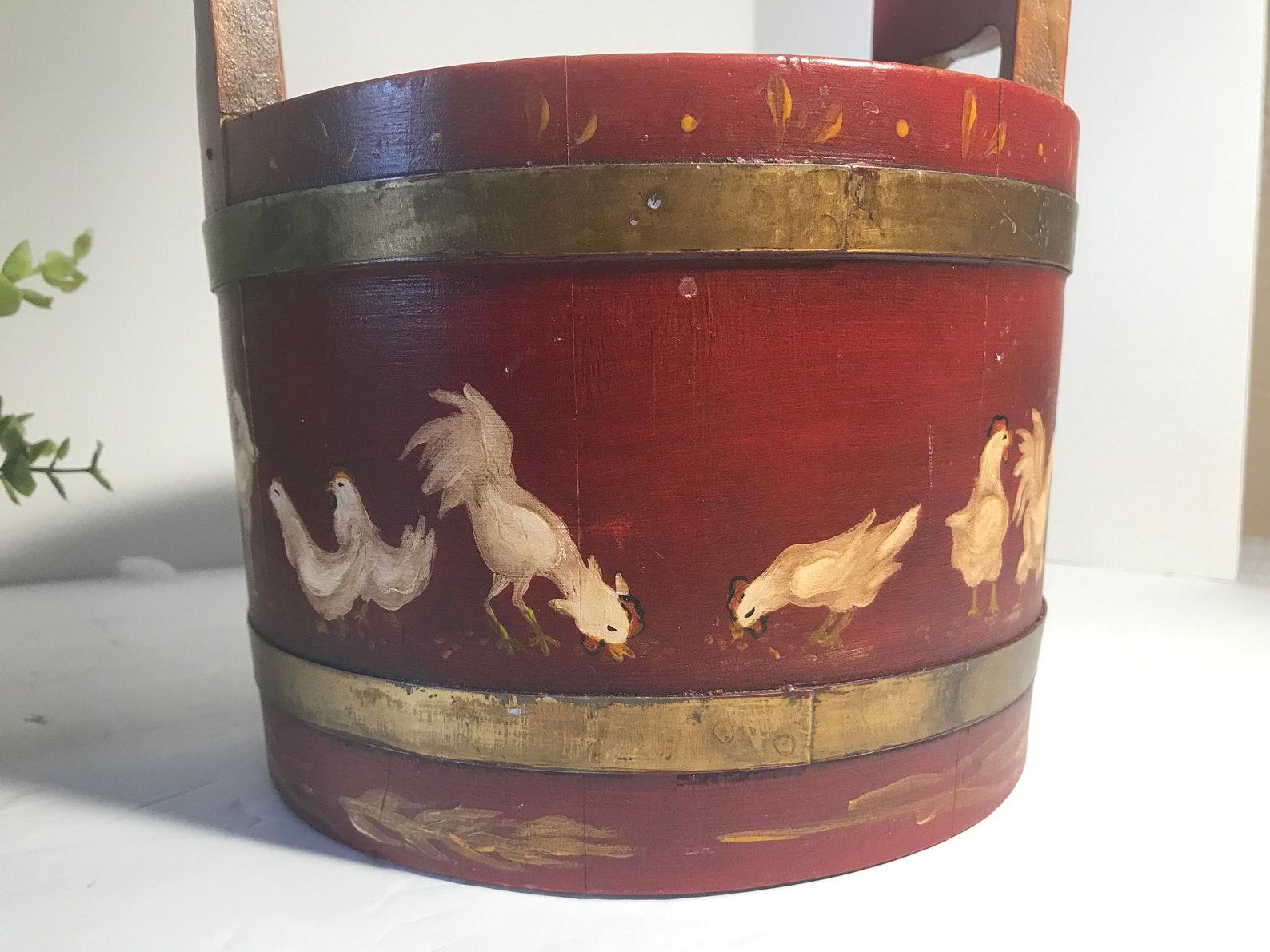 Vintage Basketville Vermont Hand Painted Red Wooden and Brass Bucket ...