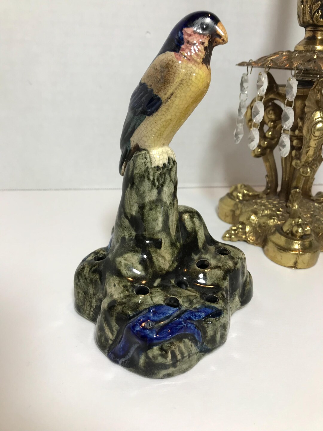 Vintage Glazed Ceramic Bird Statue Flower Frog, Vintage Whimsical Blue ...