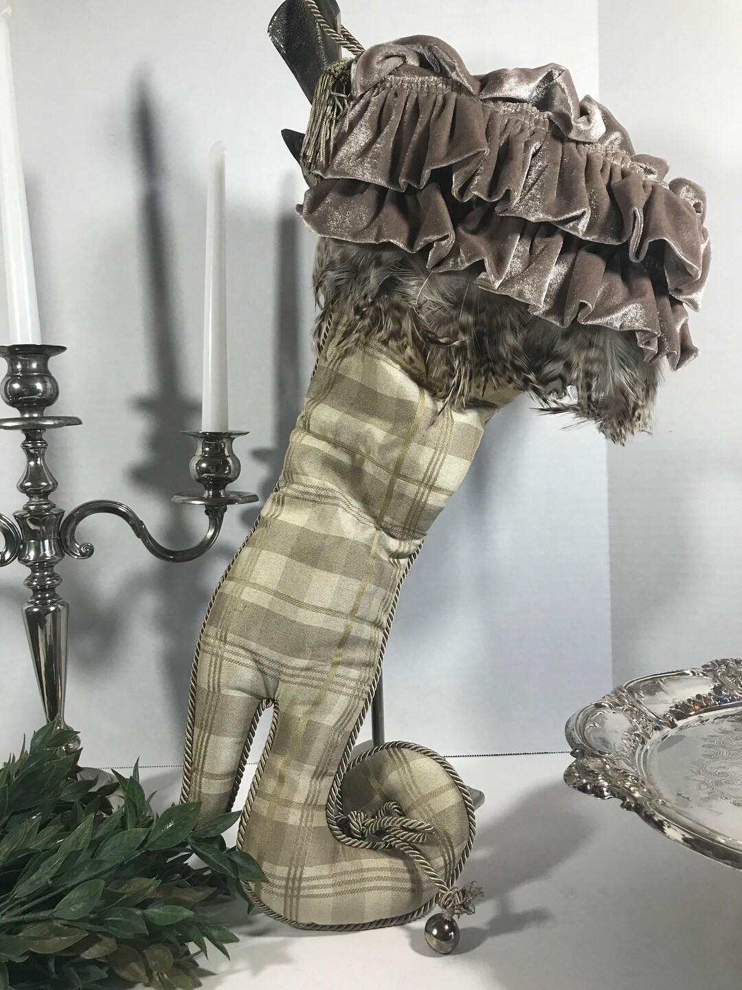 Unique Christmas Stocking, Serendipity Gold Plaid, Velvet Feather ...