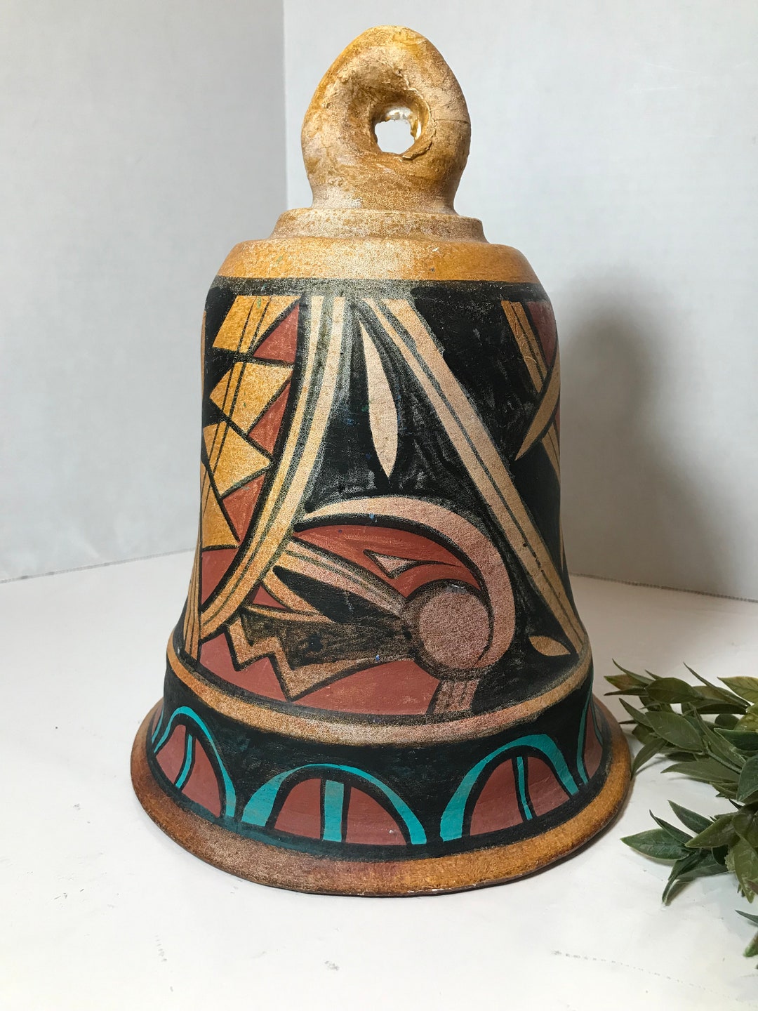 Vintage Ceramic Large Hand Painted, Signed Bell, Mexican Ceramic Rustic ...