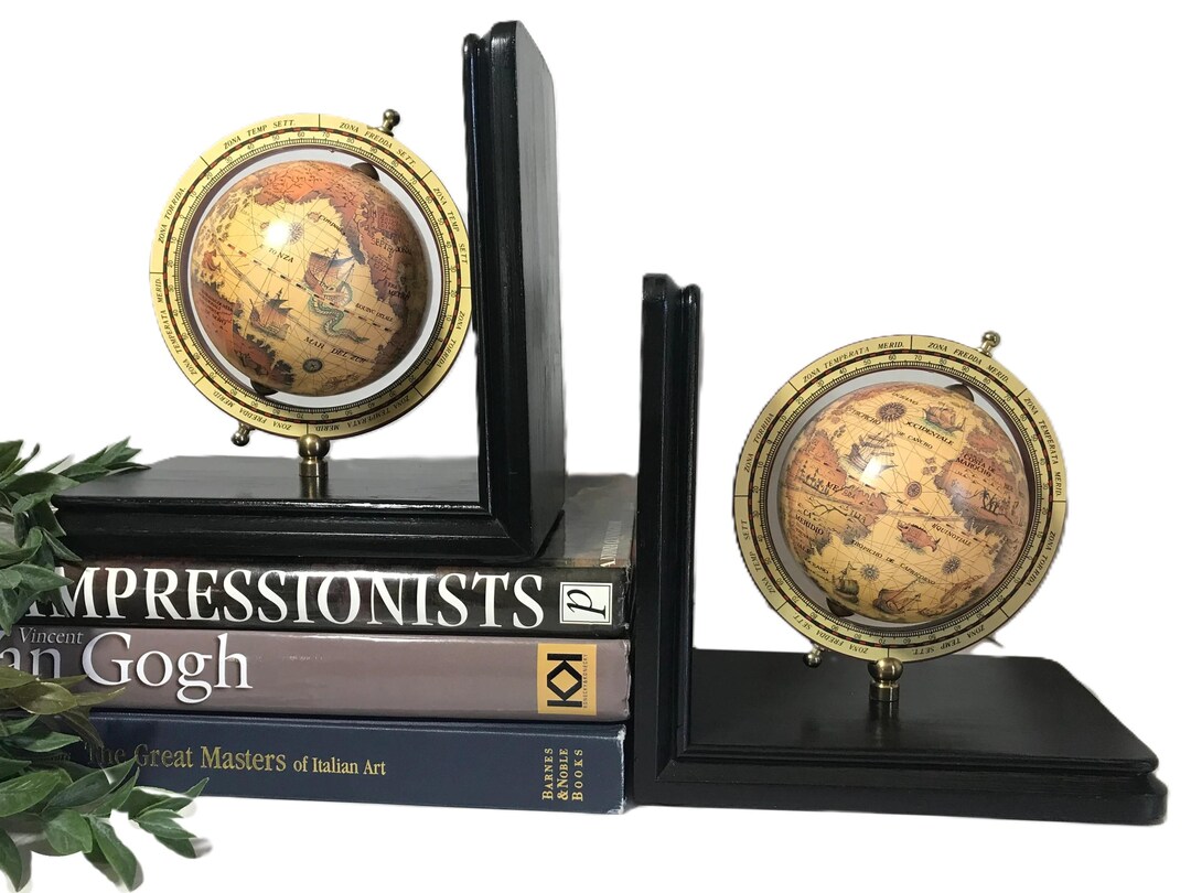 Vintage 1980s Globe and Wood Bookends, Vtg Painted Wood and Miniature ...