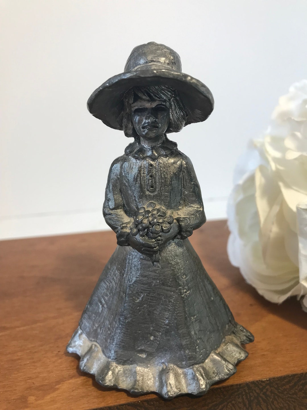 Michael Ricker Heavy Pewter Figurine Little Girl in Bonnet With Flowers ...