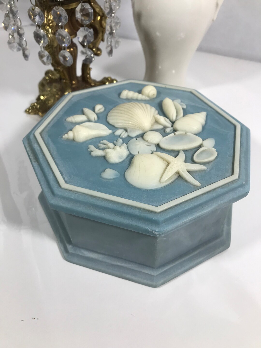 Vintage Shell Trinket Box, Vtg Carved Stone Like Blue Shell Jewelry Box ...