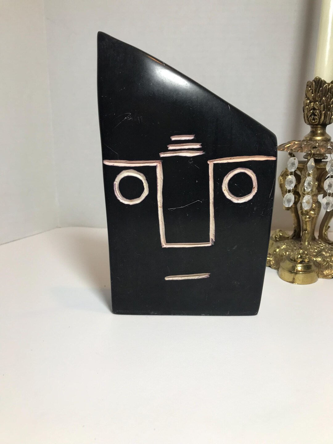 Vintage Stone Carved Statue, Vintage Black Stone Face Statue, Modern ...