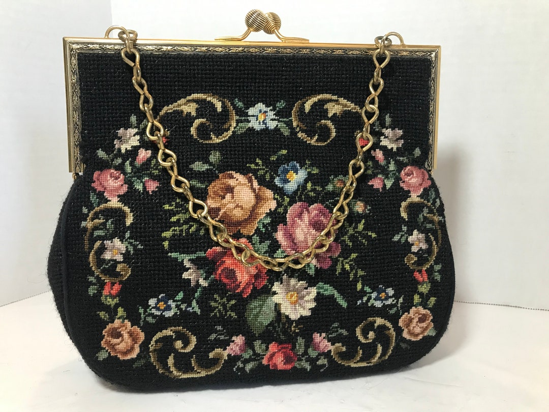 Vintage 1950s Needlepoint Floral Handbag Purse, Vtg 50s Black With ...