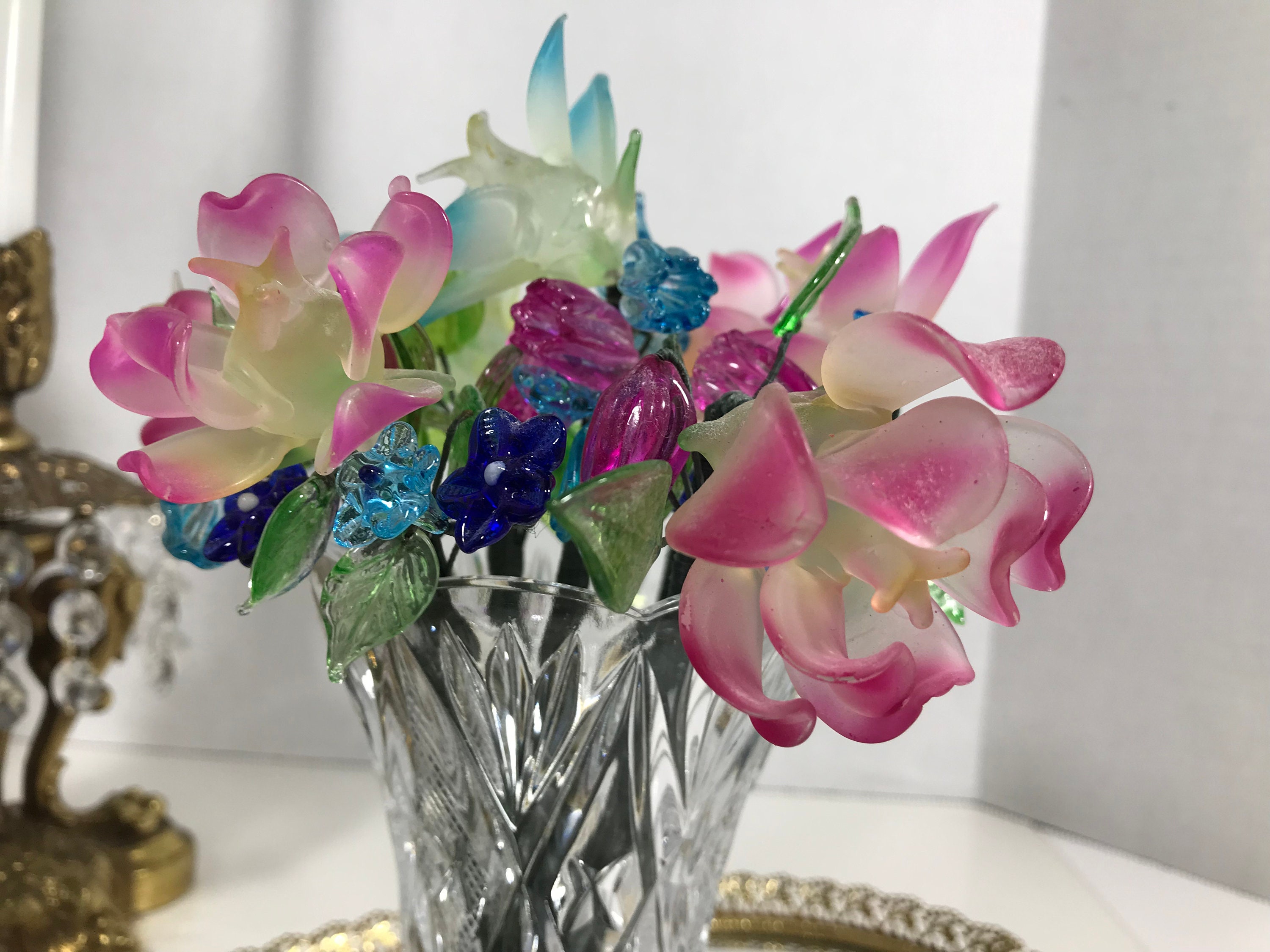 Vintage Glass Flowers in Crystal Vase, Elegant Crystal Vase Filled With ...