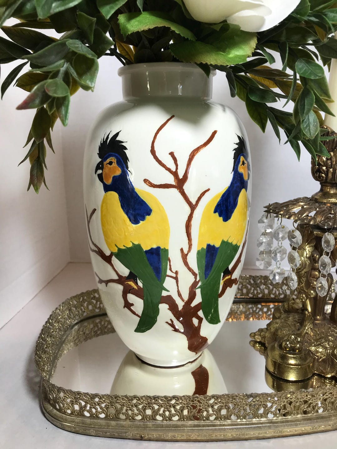 Vintage Ceramic Bird Vase, Large Hand Painted Parrot Vase, Signed ...