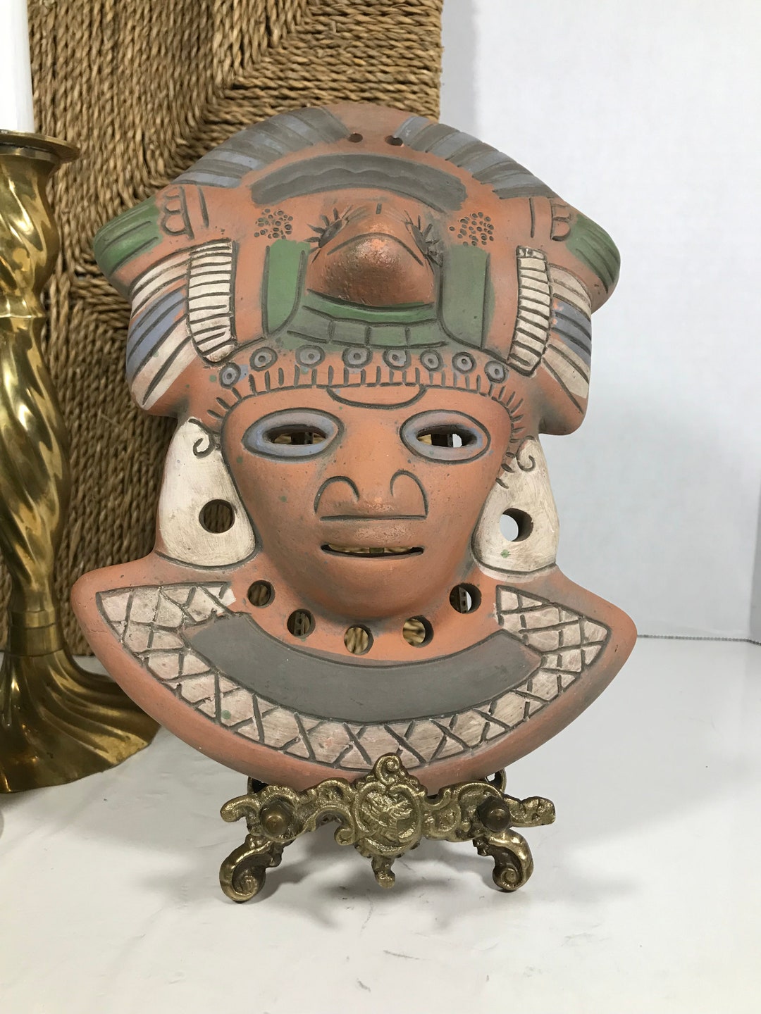 Vintage Mayan Sun God Mask, Vtg Terracotta Aztec Hand Painted Pottery ...