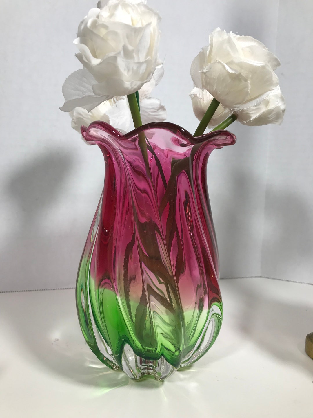 Vintage Glass Vase With Fluted Top Rim, Tulip Shape Pink Green Glass ...