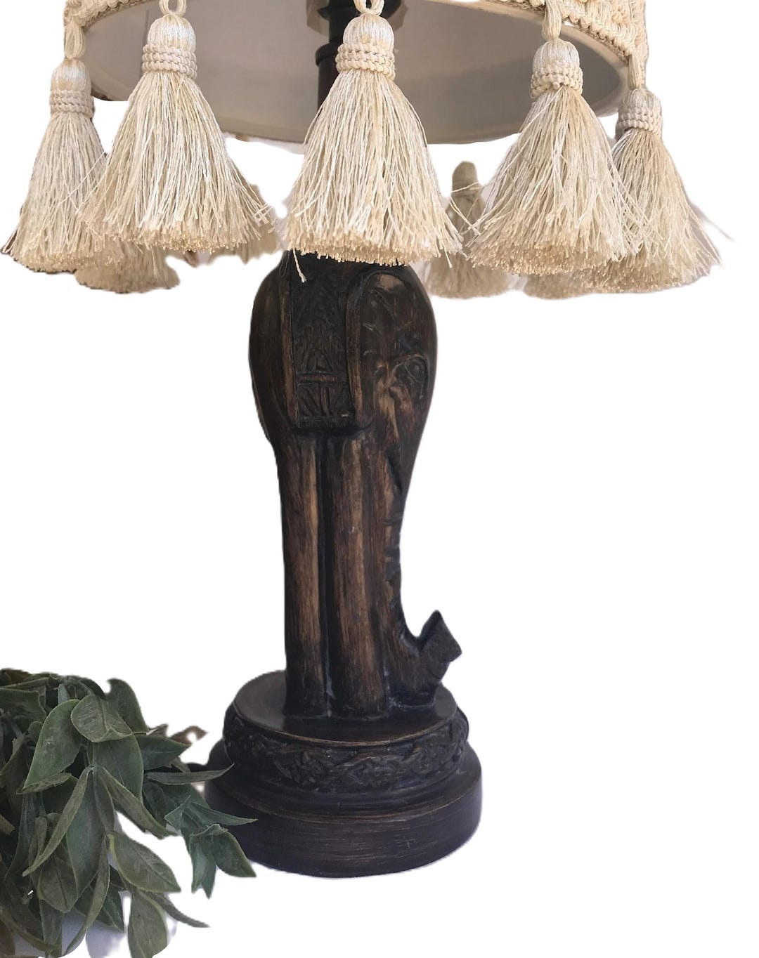 Vintage Wooden Elephant Lamp – Carved Elephant Base With Tassel Trim ...