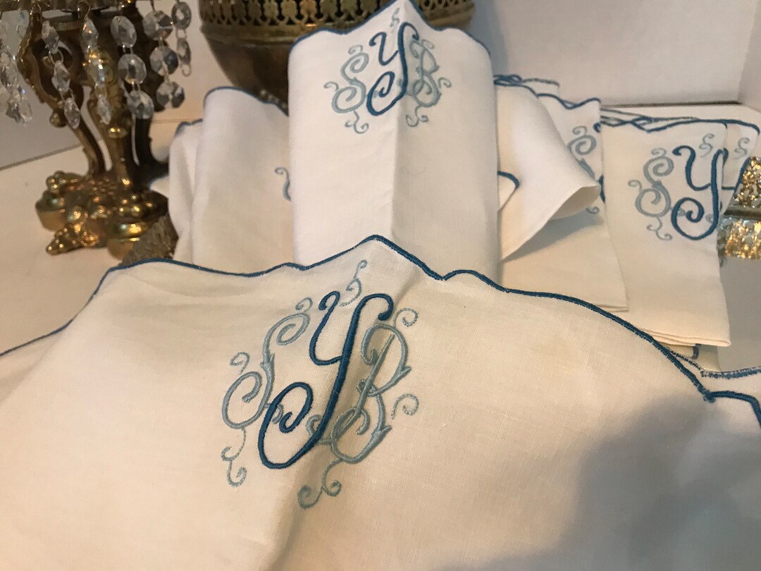 Vintage Blue and White Linen Placemats, Vtg Elegant, Monogrammed ...