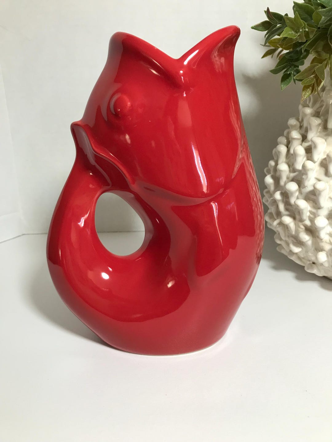 Vintage Red Ceramic Large Fish Vase Pitcher, Vintage Red Open Mouth ...