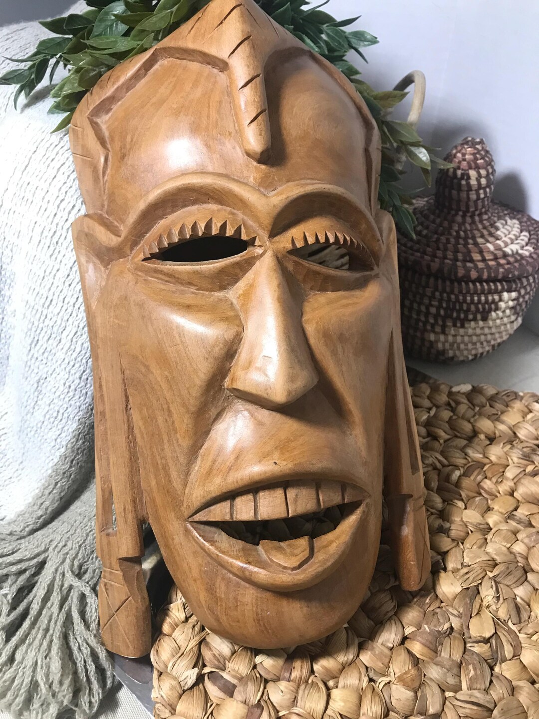 Vintage Hand Carved Wooden Wall Mask, Vintage Genuine Hand Carved ...