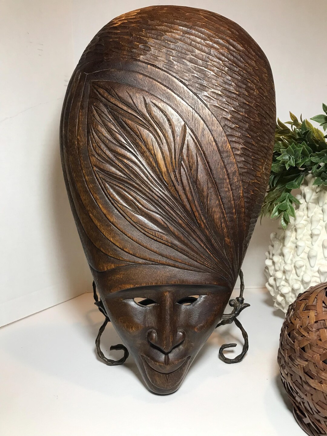 Vintage Hand Carved Wooden Large Wall Mask Wall Hanging, Vtg Carved ...