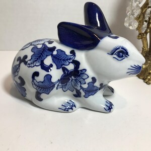 Vintage Floral Porcelain Bunny Statue, Vtg White and Blue Rabbit ...