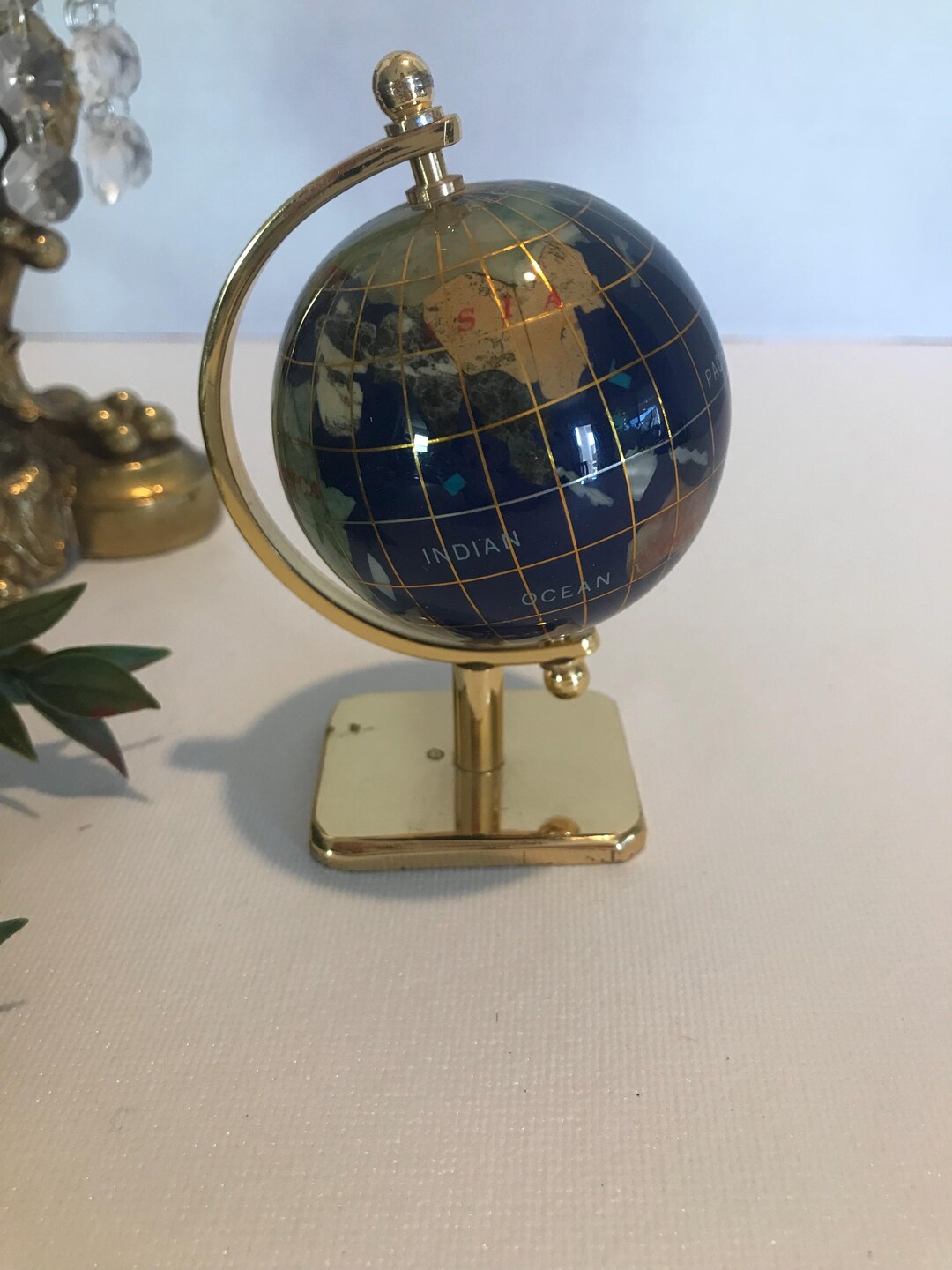 Vintage Miniature Globe in Stand, Semi Precious Stone Miniature World ...