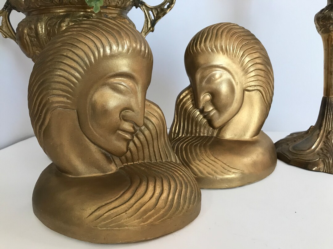 Vintage Gold Art Deco Style Chalkware Lady Profile Bookends, Vintage ...