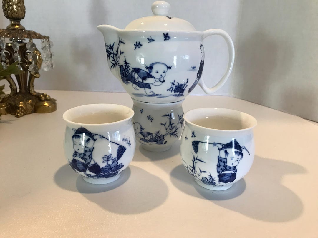 Vintage Blue and White Chinese Porcelain Small Tea Set, Chinoiserie ...